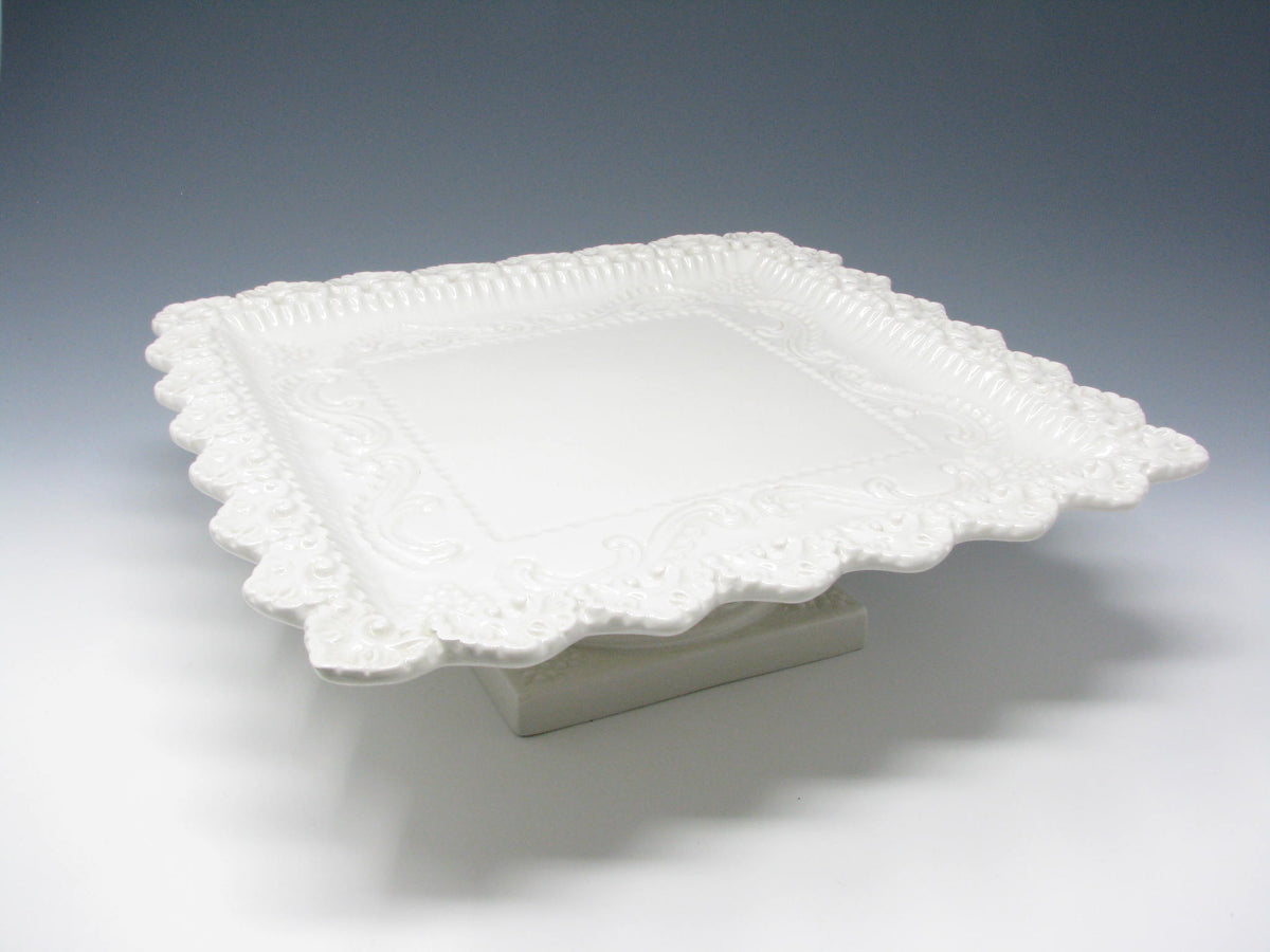 Vintage Amora Italy White Ceramic Pedestal Cake Stand with Embossed Sc ...