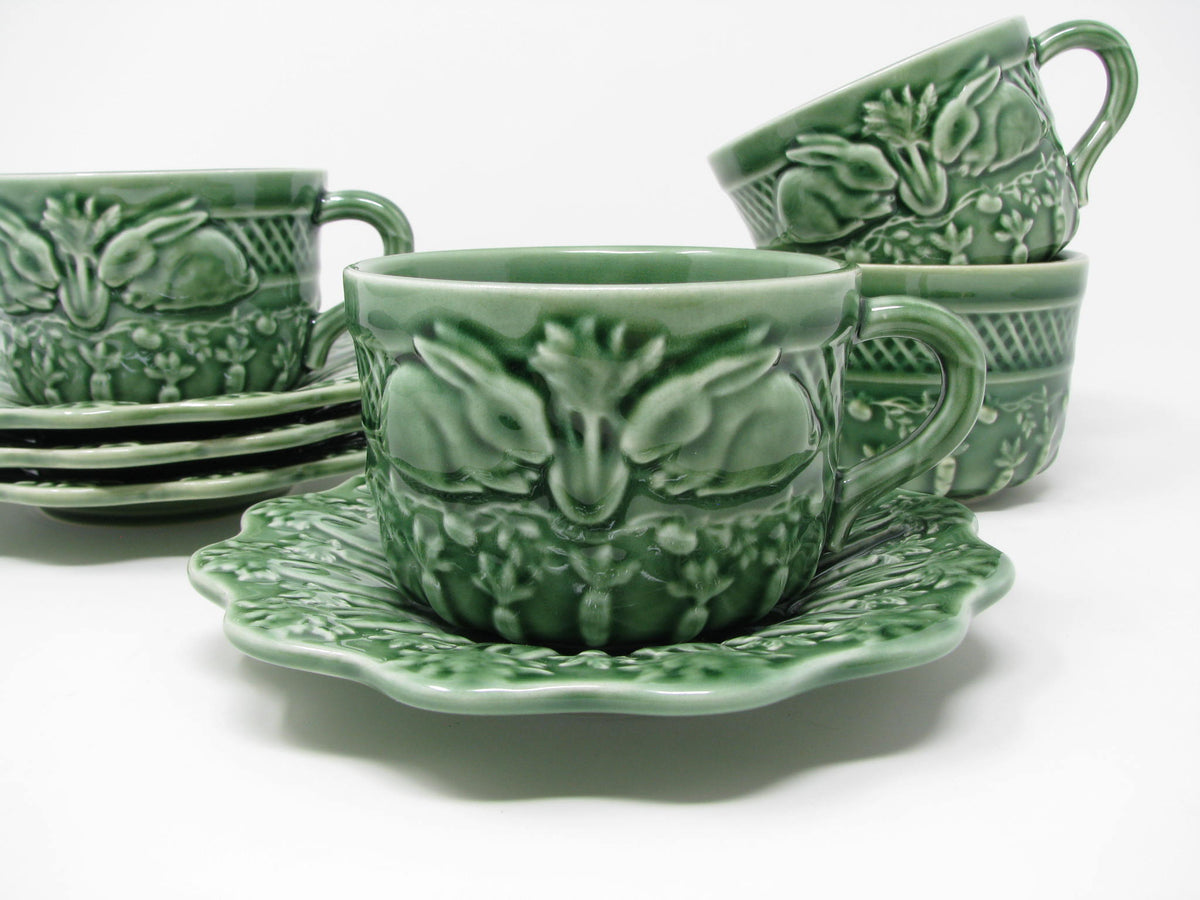 Vintage Bordallo Pinheiro Portugal Green Rabbit Ceramic Cups & Saucers ...
