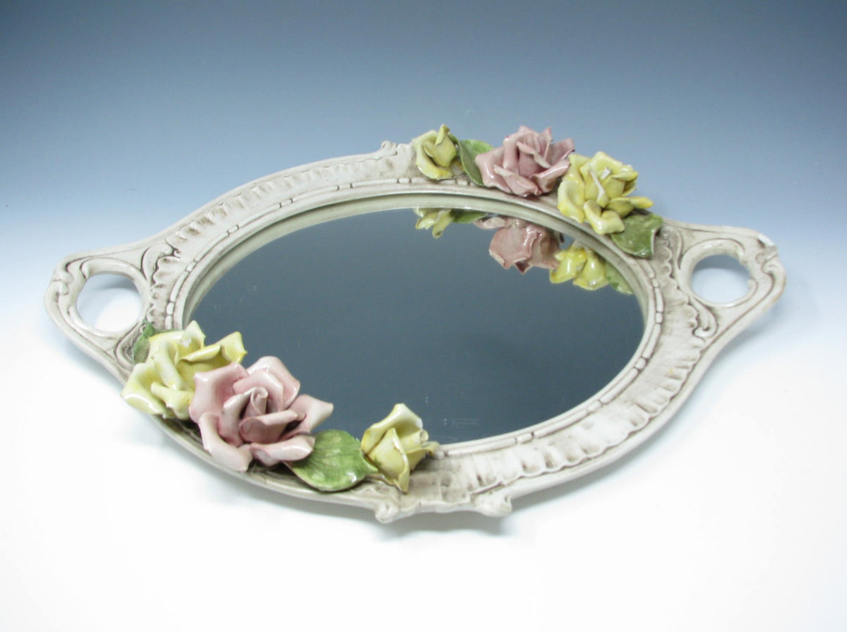 Vintage Capodimonte Style Floral Roses Mirrored Decorative Vanity Tray ...