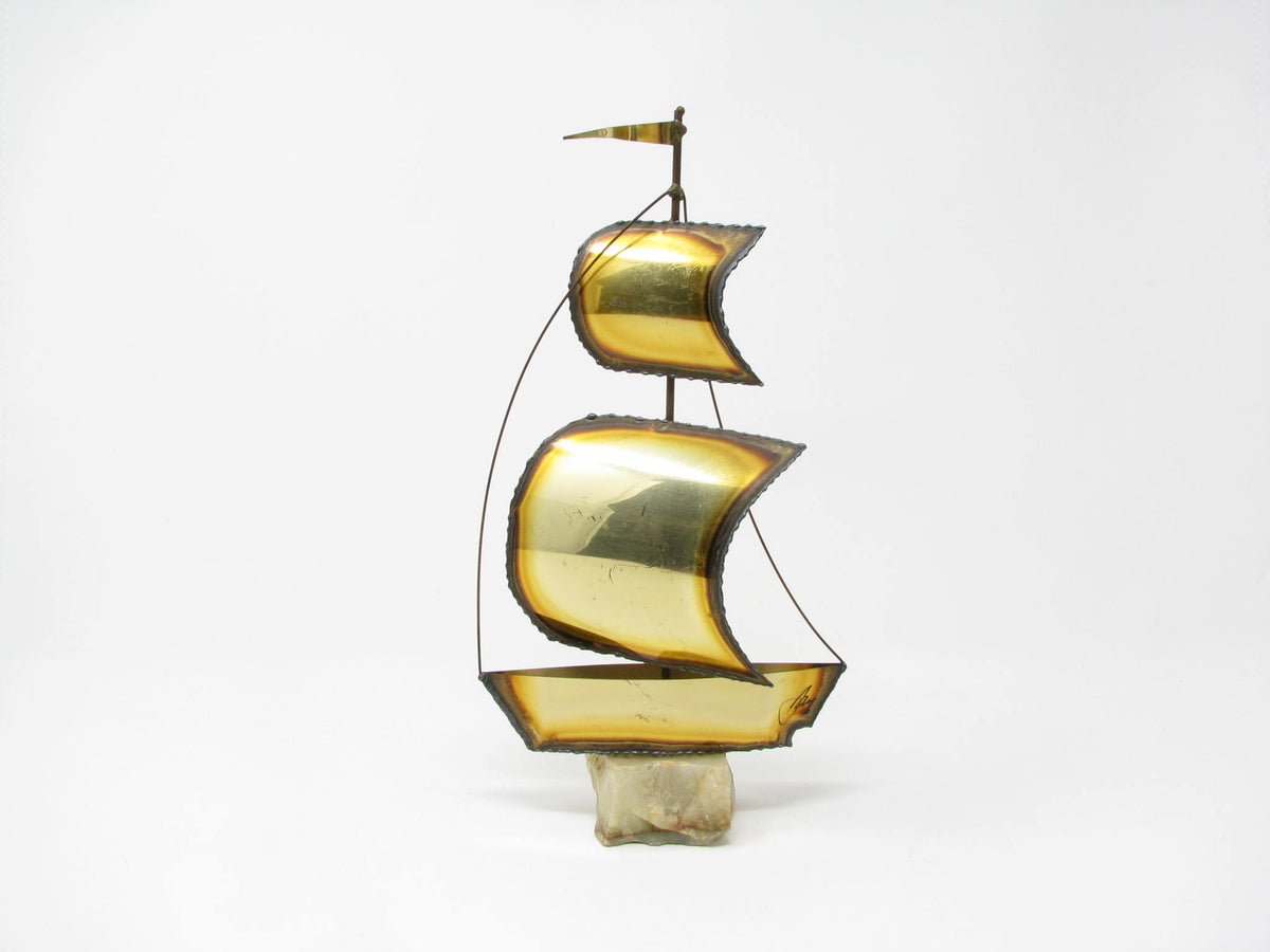 Vintage Mario Jason Torch Cut Brass Ship Sailboat Sculpture on Onyx Ba ...