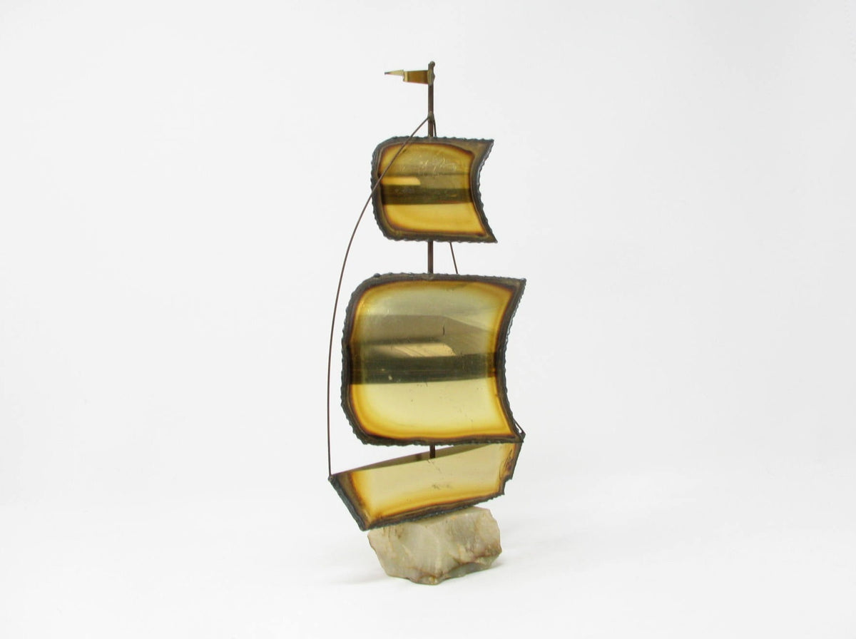Vintage Mario Jason Torch Cut Brass Ship Sailboat Sculpture on Onyx Ba ...