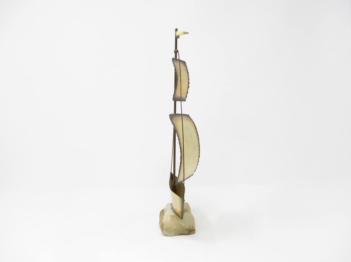 Vintage Mario Jason Torch Cut Brass Ship Sailboat Sculpture on Onyx Ba ...