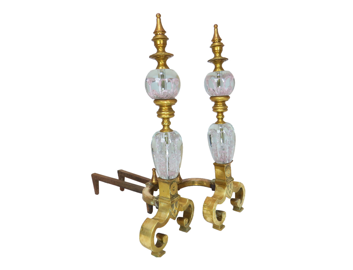 Vintage Polished Brass Andirons With St Clair Glass Globes Infused Wit ...