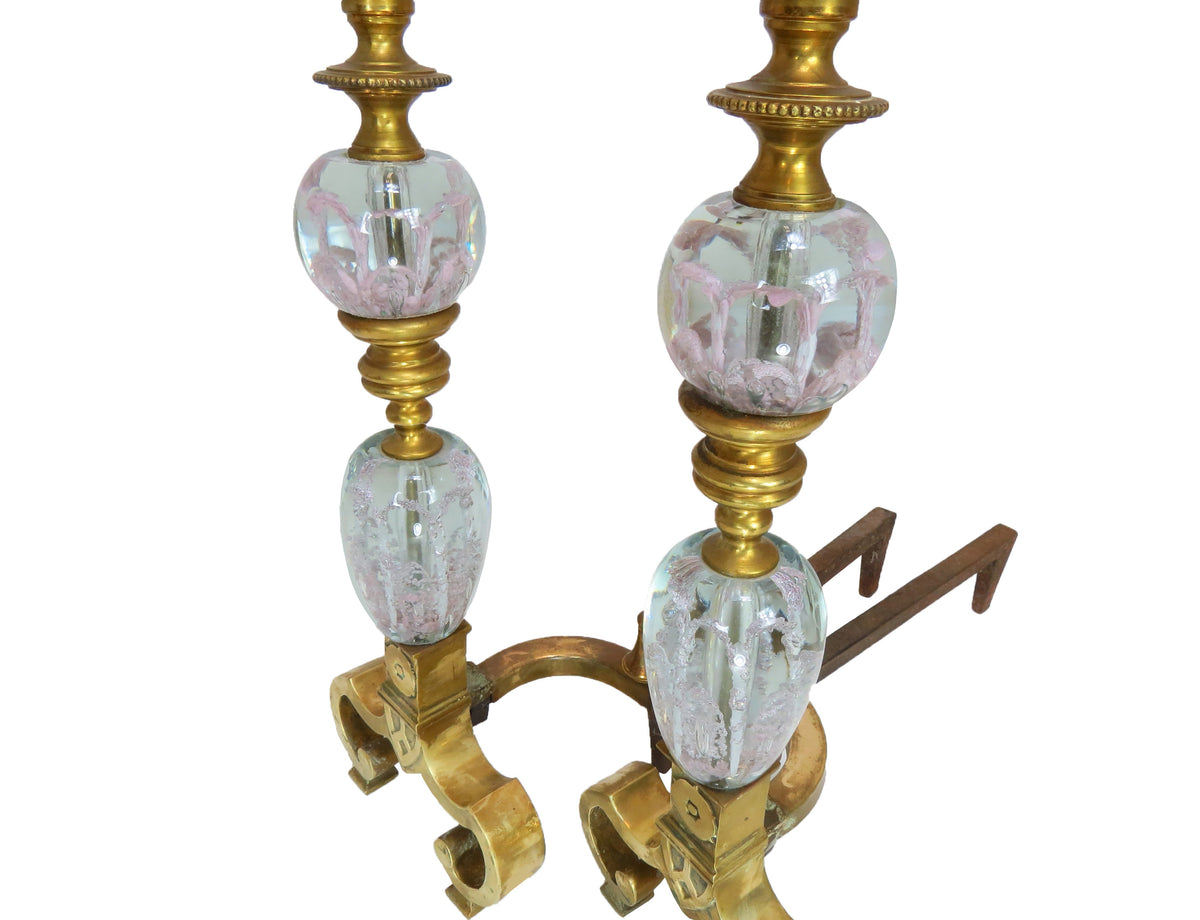 Vintage Polished Brass Andirons With St Clair Glass Globes Infused Wit ...