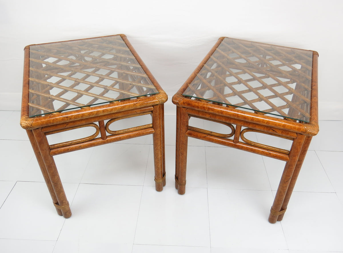 1980's Faux Tiger Bamboo and Rattan Glass Top End Tables - a Pair ...