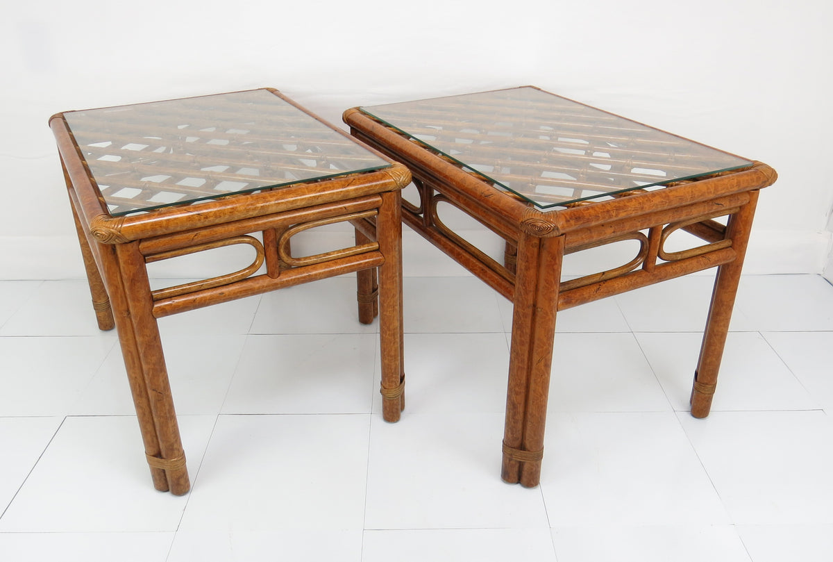 1980's Faux Tiger Bamboo and Rattan Glass Top End Tables - a Pair ...