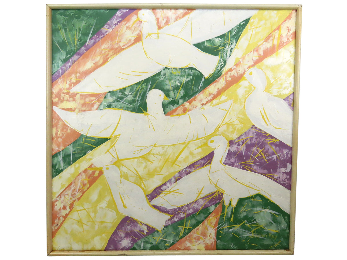 Mid Century Stephen Kaye Abstract Oil on Canvas of Flying Flock of Bir ...