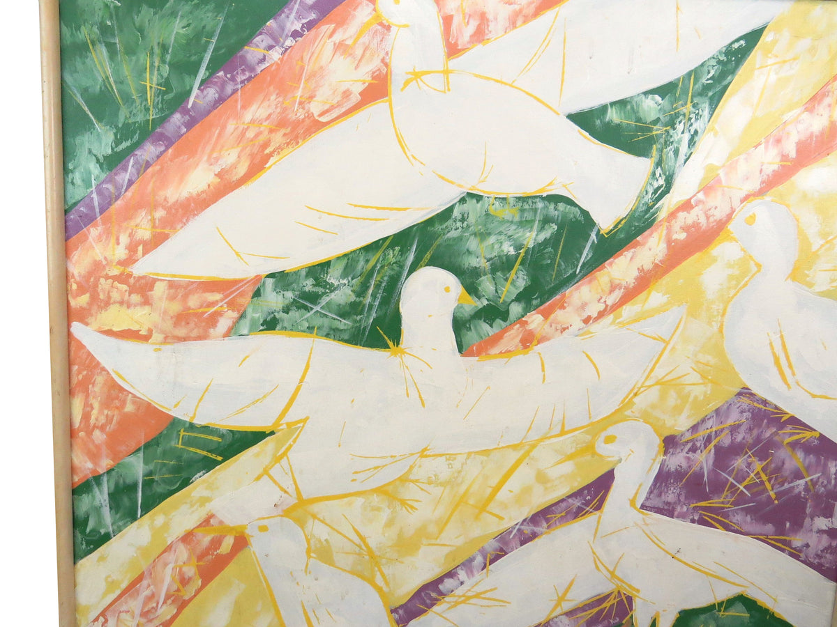 Mid Century Stephen Kaye Abstract Oil on Canvas of Flying Flock of Bir ...