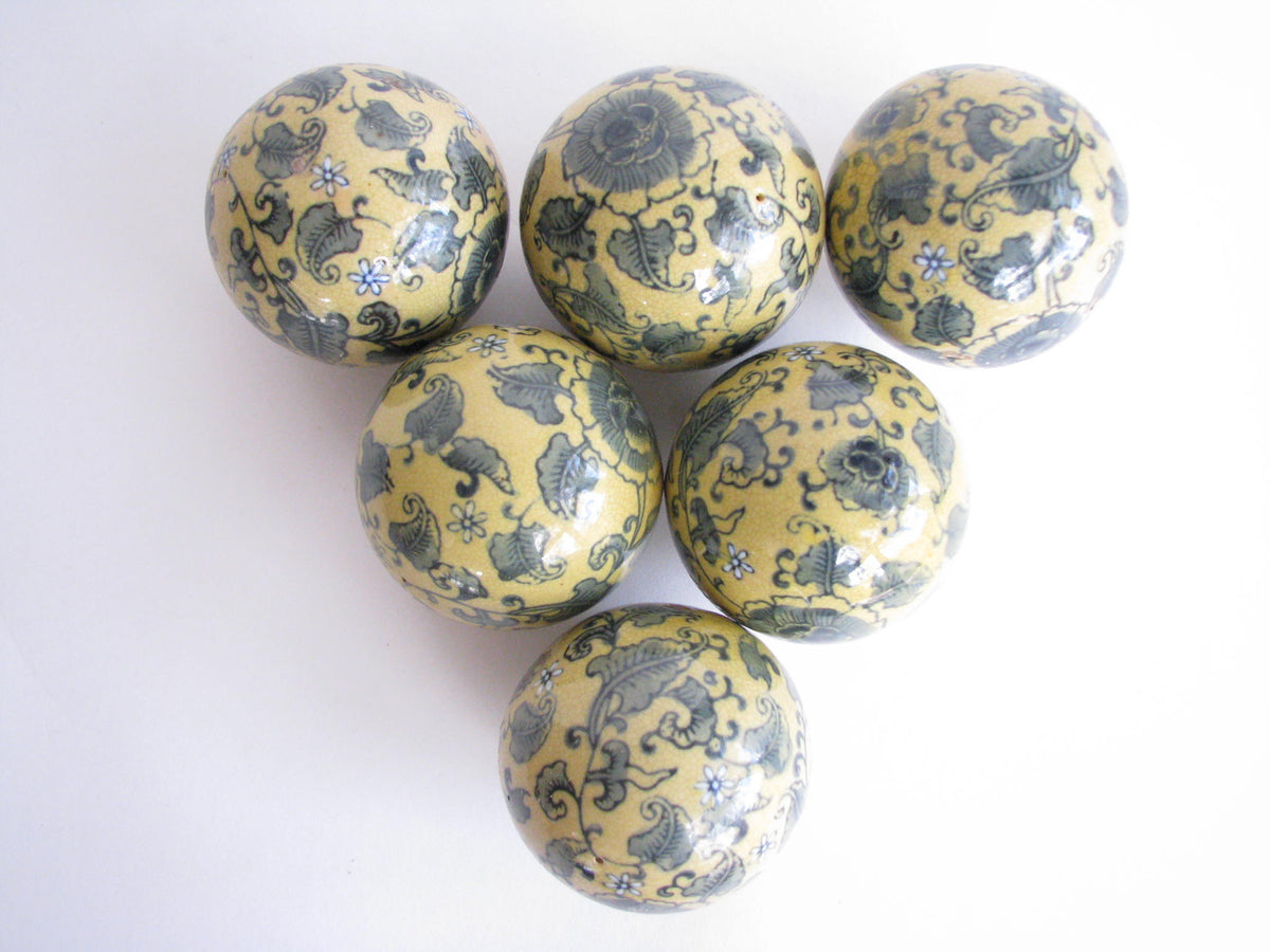 Vintage Decorative Ceramic Balls with Blue Gold Floral Motif - Set of ...
