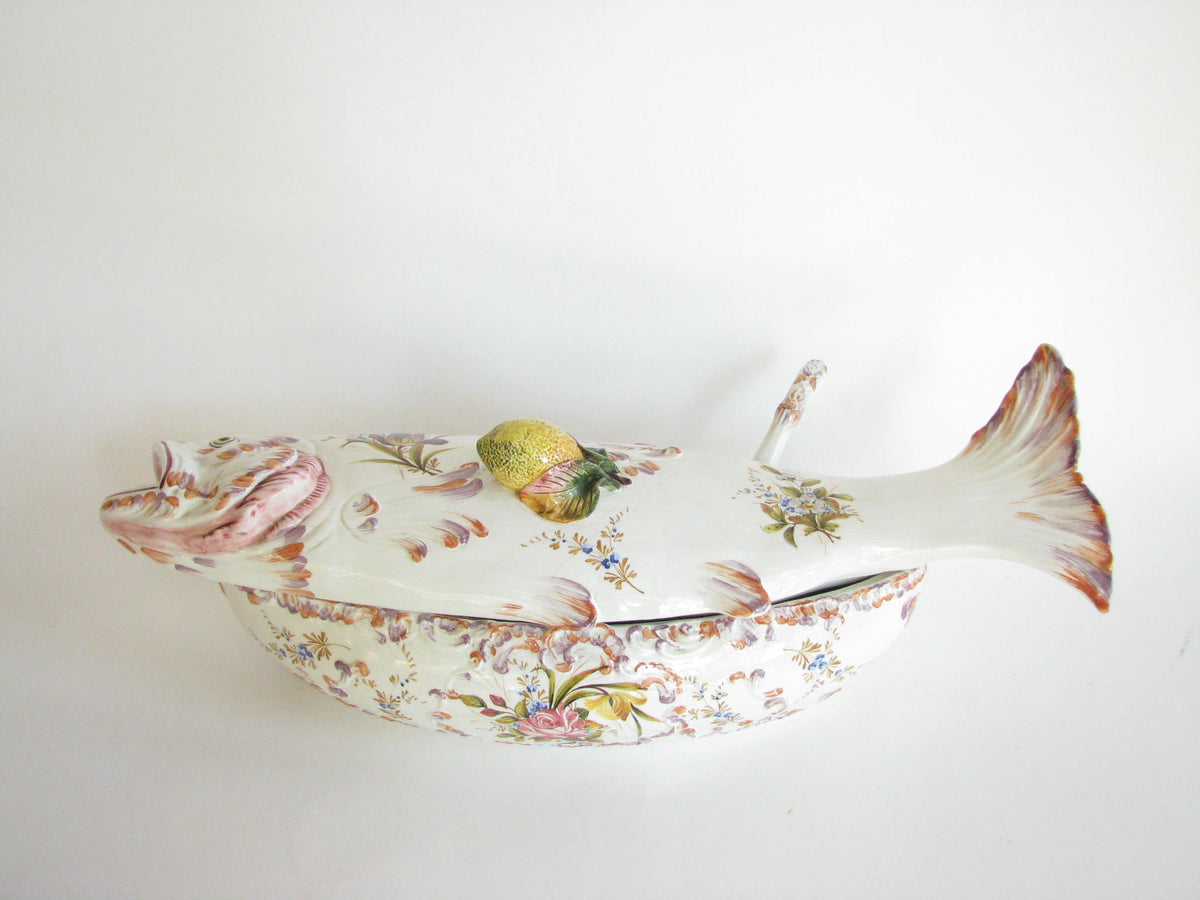 Vintage Italian Fish Shaped Hand Painted Ceramic Soup Tureen with Ladl ...