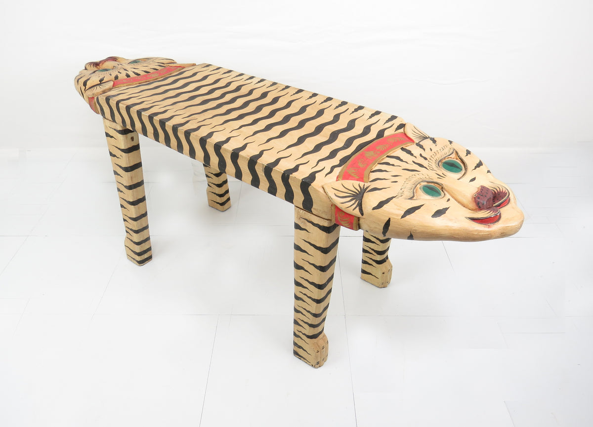 Vintage Hand Carved and Painted Wooden Double Headed Tiger Table / Ben ...