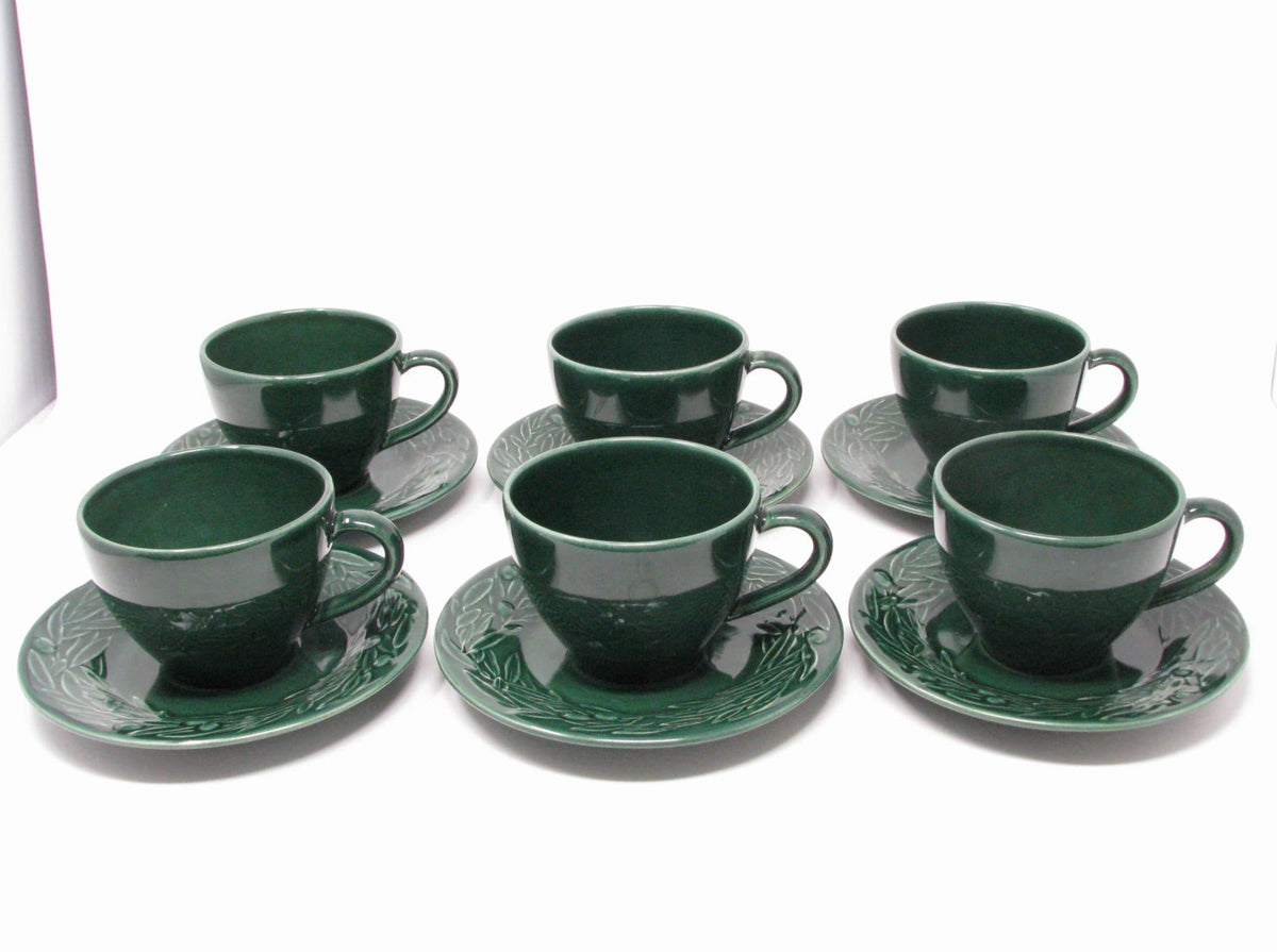 Vintage Varages France Dark Green Cups & Saucers with Embossed Foliage ...