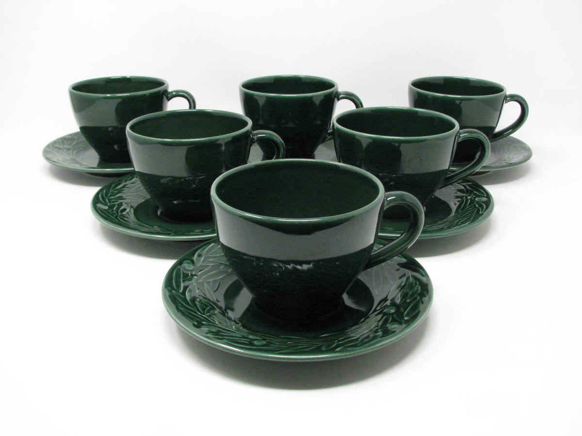 Vintage Varages France Dark Green Cups & Saucers with Embossed Foliage ...