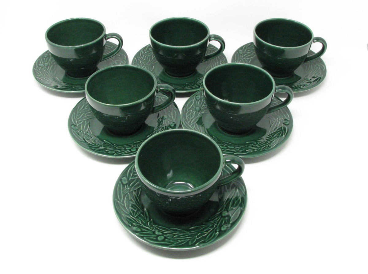 Vintage Varages France Dark Green Cups & Saucers with Embossed Foliage ...
